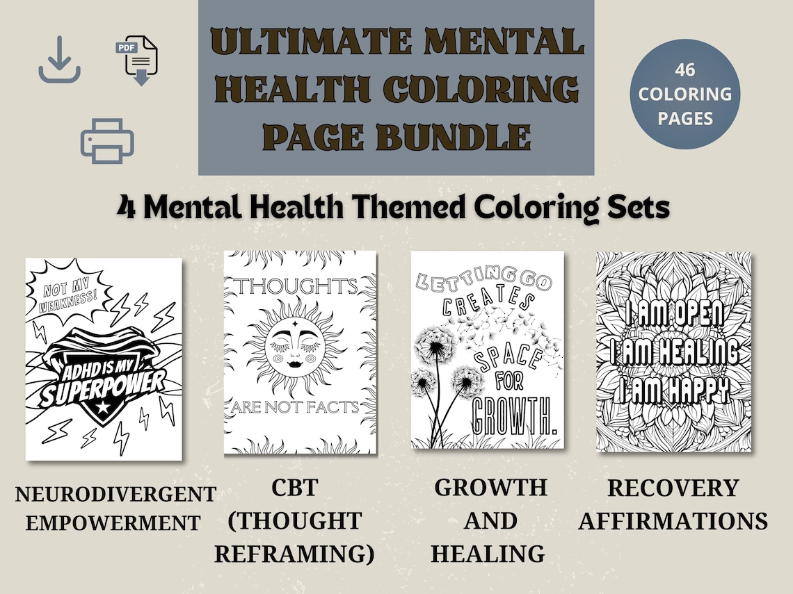 Mental Health Coloring Pages, Therapeutic Printable Art for Adults ...