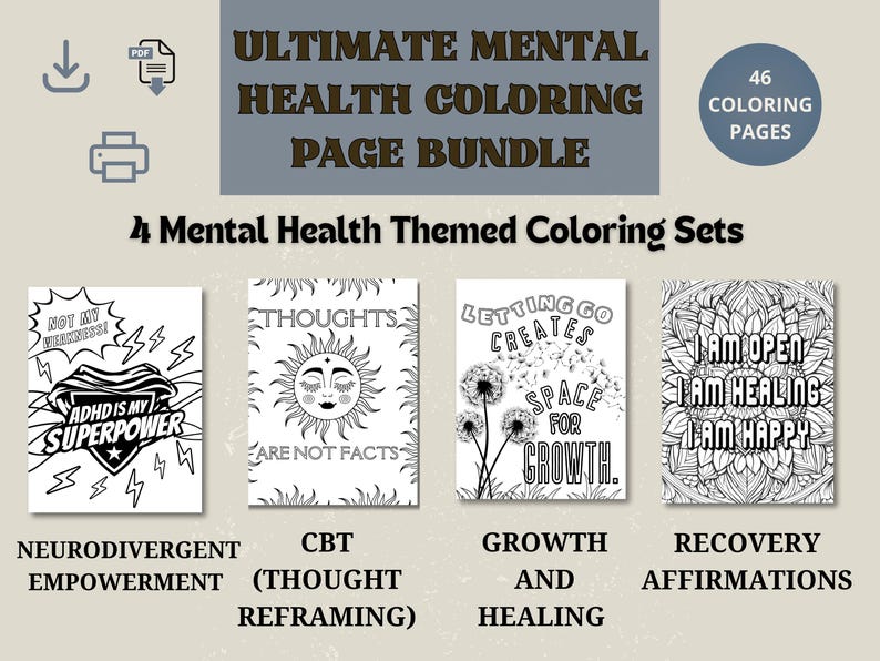 Mental Health Coloring Pages, Therapeutic Printable Art for Adults ...