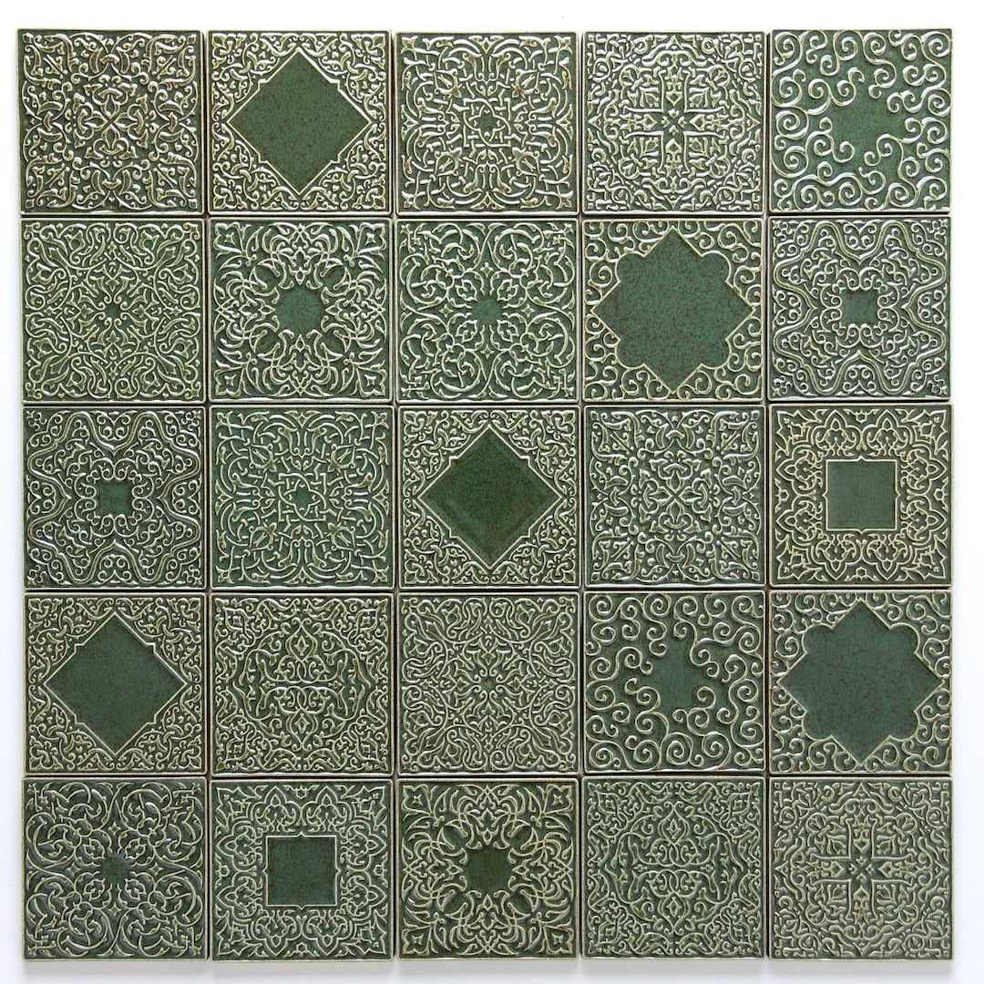 25 Ceramic Tiles With Ornaments , Green-brown - Etsy