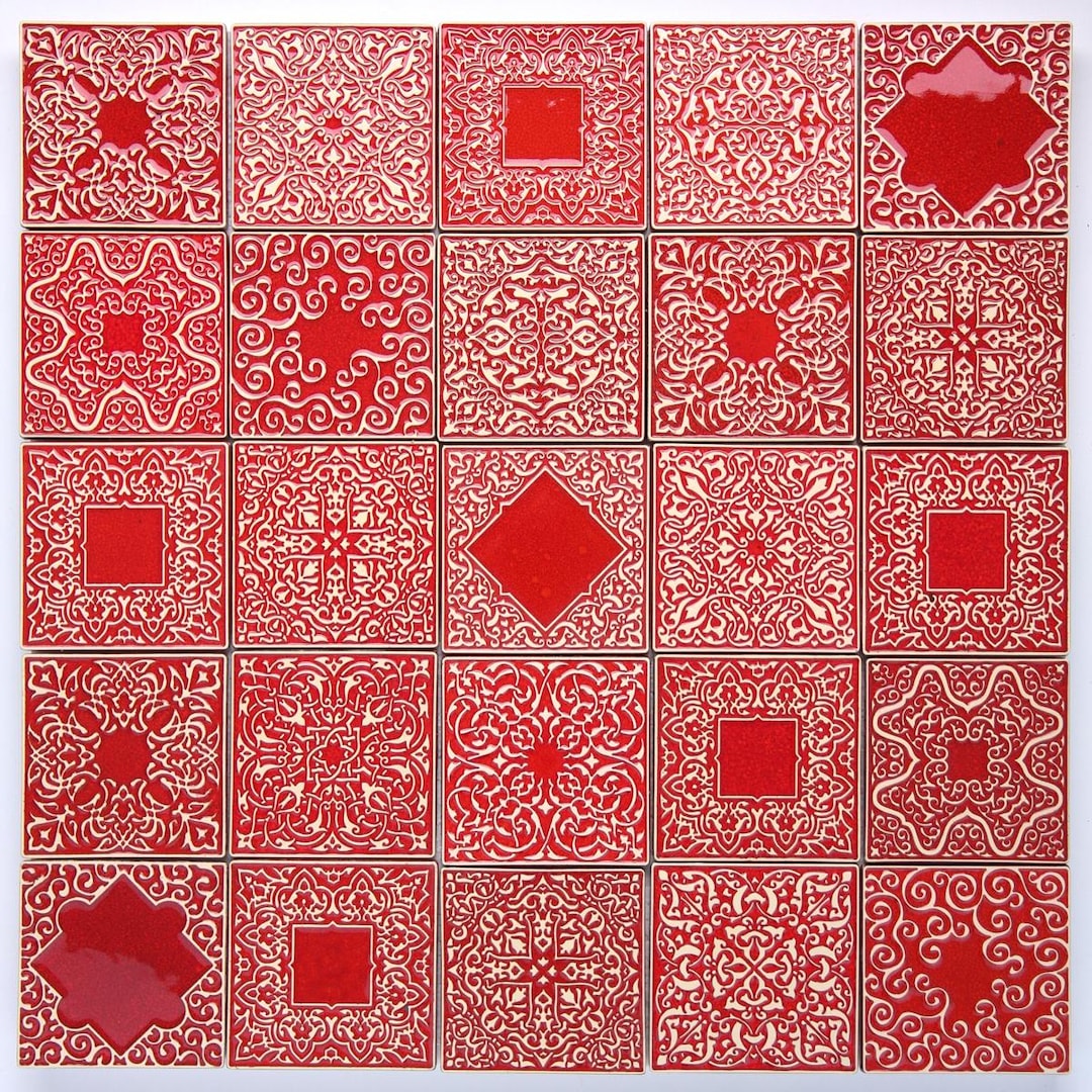 Ceramic Tiles, Red Wall Tiles, Set of 25 Tiles, Hand Made Tiles With ...