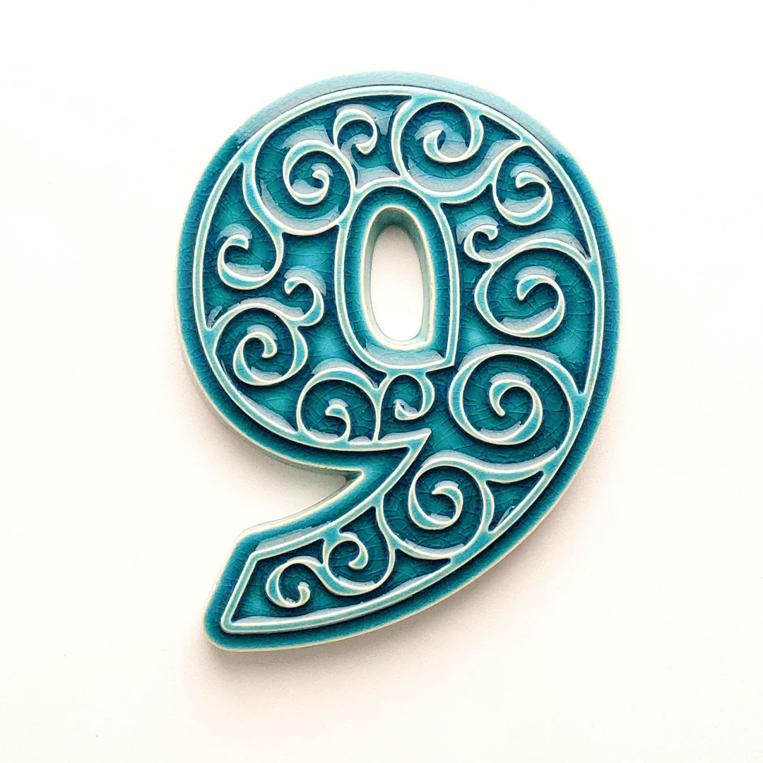 House Number, Digit 9, Turquoise, Ceramic , Decorative, Address Numbers ...