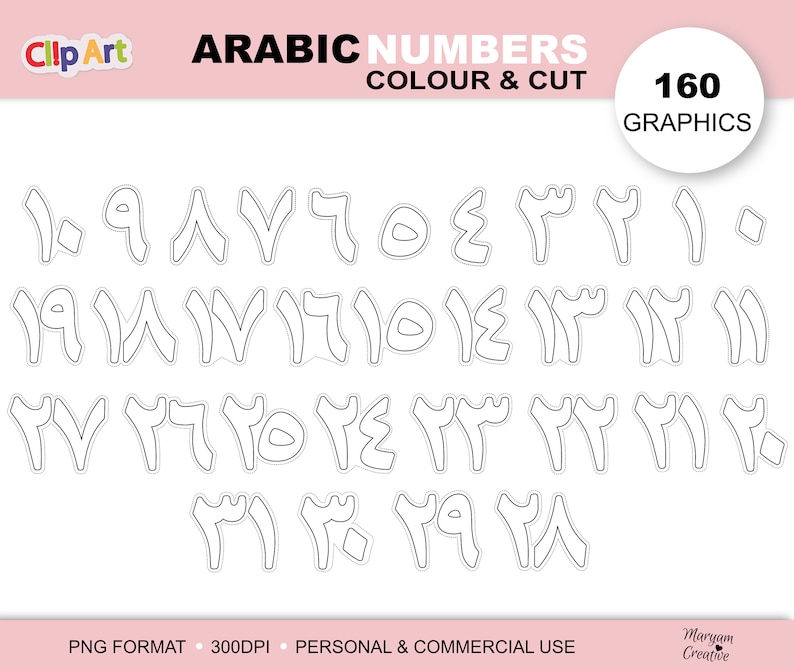 160 Arabic Numbers Colour and Cut Clipart, Tracing, Cutting, Colouring ...