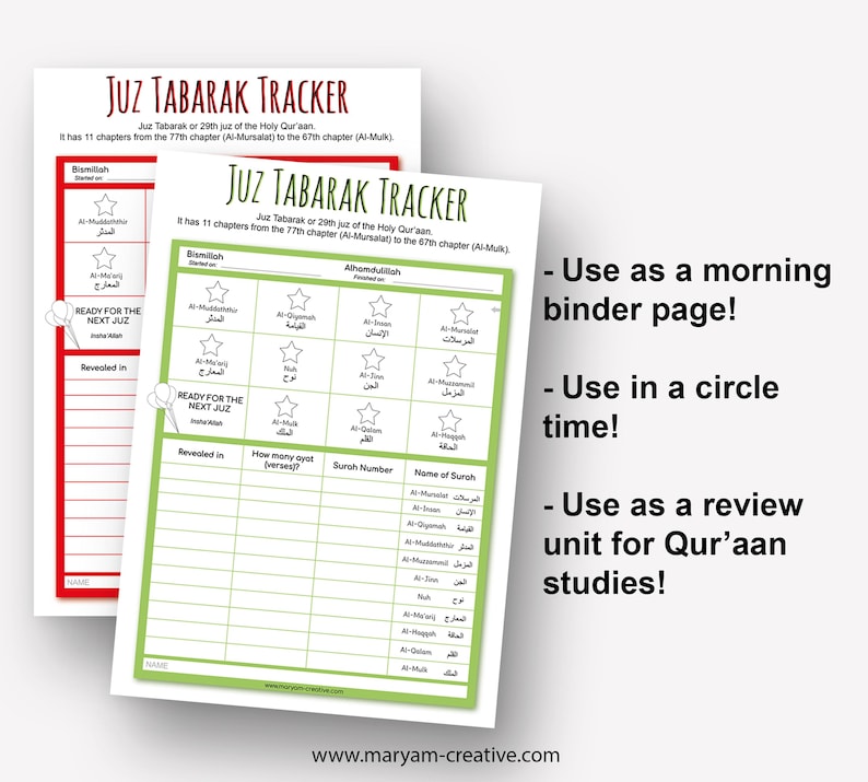 Juz Tabarak Tracker, 8 Colourful Charts (PDF Download) - Etsy Canada