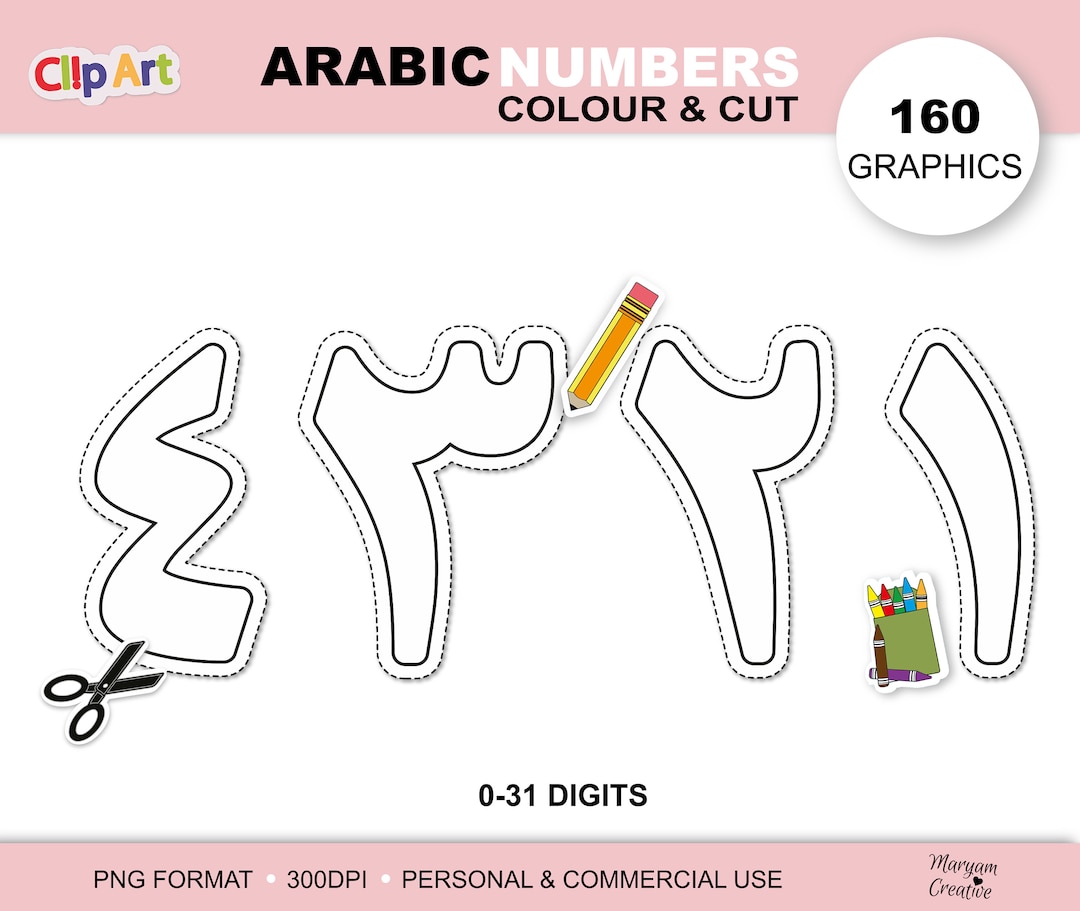 160 Arabic Numbers Colour and Cut Clipart, Tracing, Cutting, Colouring ...