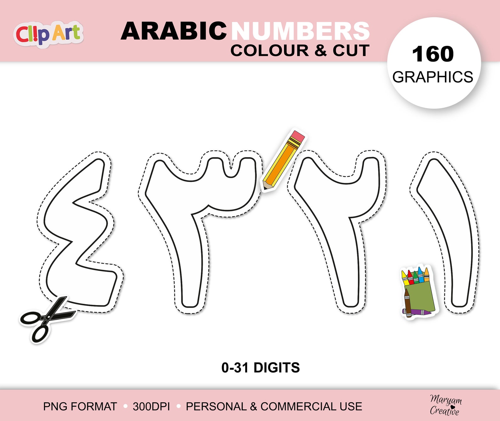 160 Arabic Numbers Colour and Cut Clipart, Tracing, Cutting, Colouring ...
