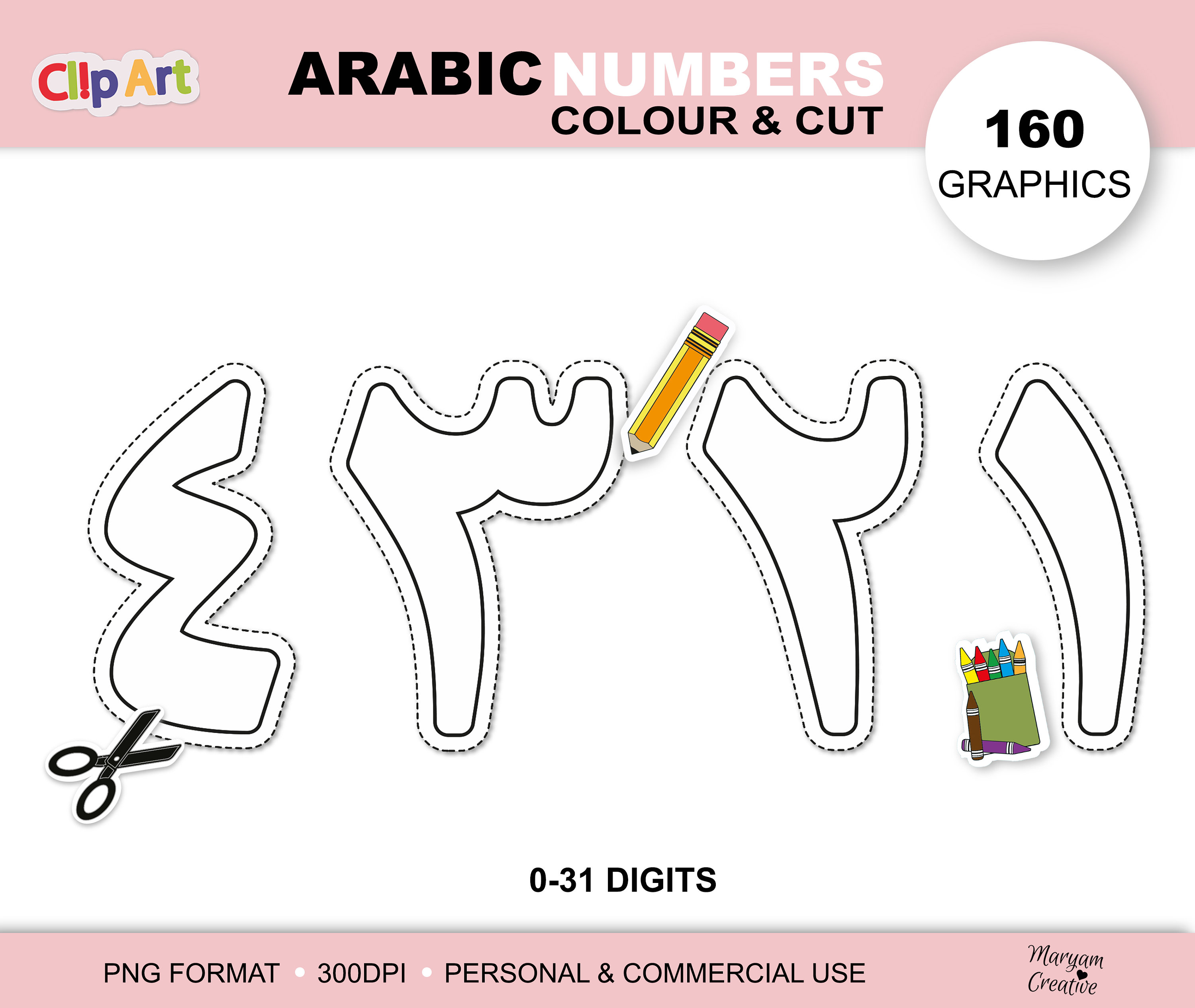 160 Arabic Numbers Colour and Cut Clipart, Tracing, Cutting, Colouring ...