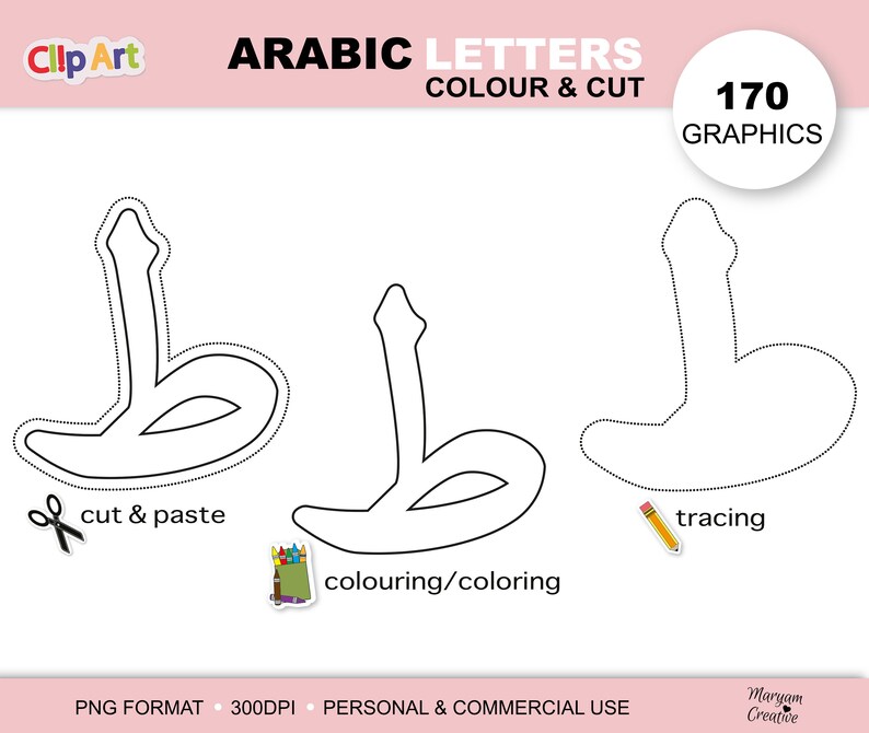 170 Arabic Letters Isolated Clipart , Arabic Alphabet, Tracing, Cutting ...