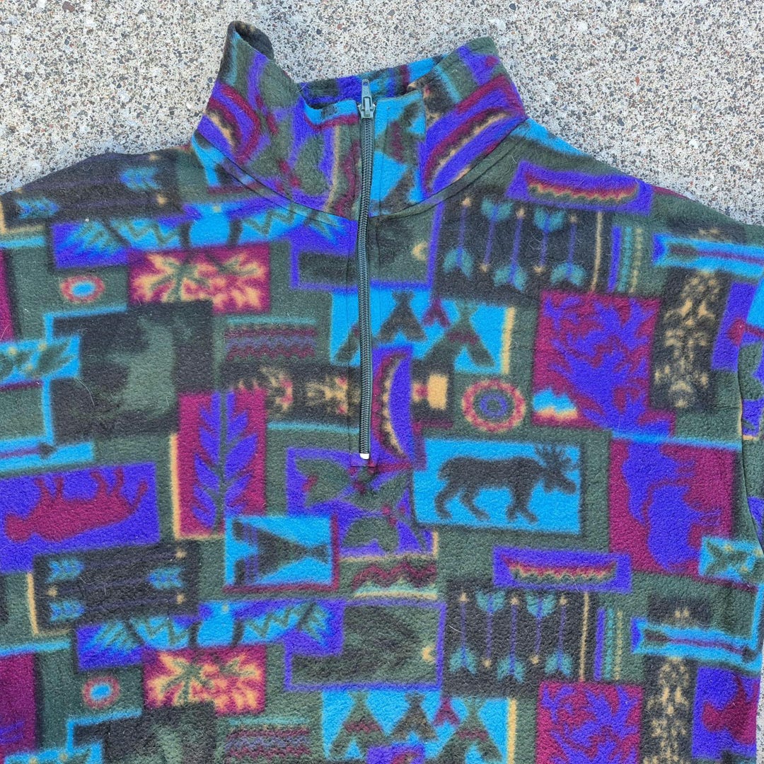 Killer Vintage 80's / 90's Polar Fleece 1/4 Zip Pullover Moose + Aztec ...