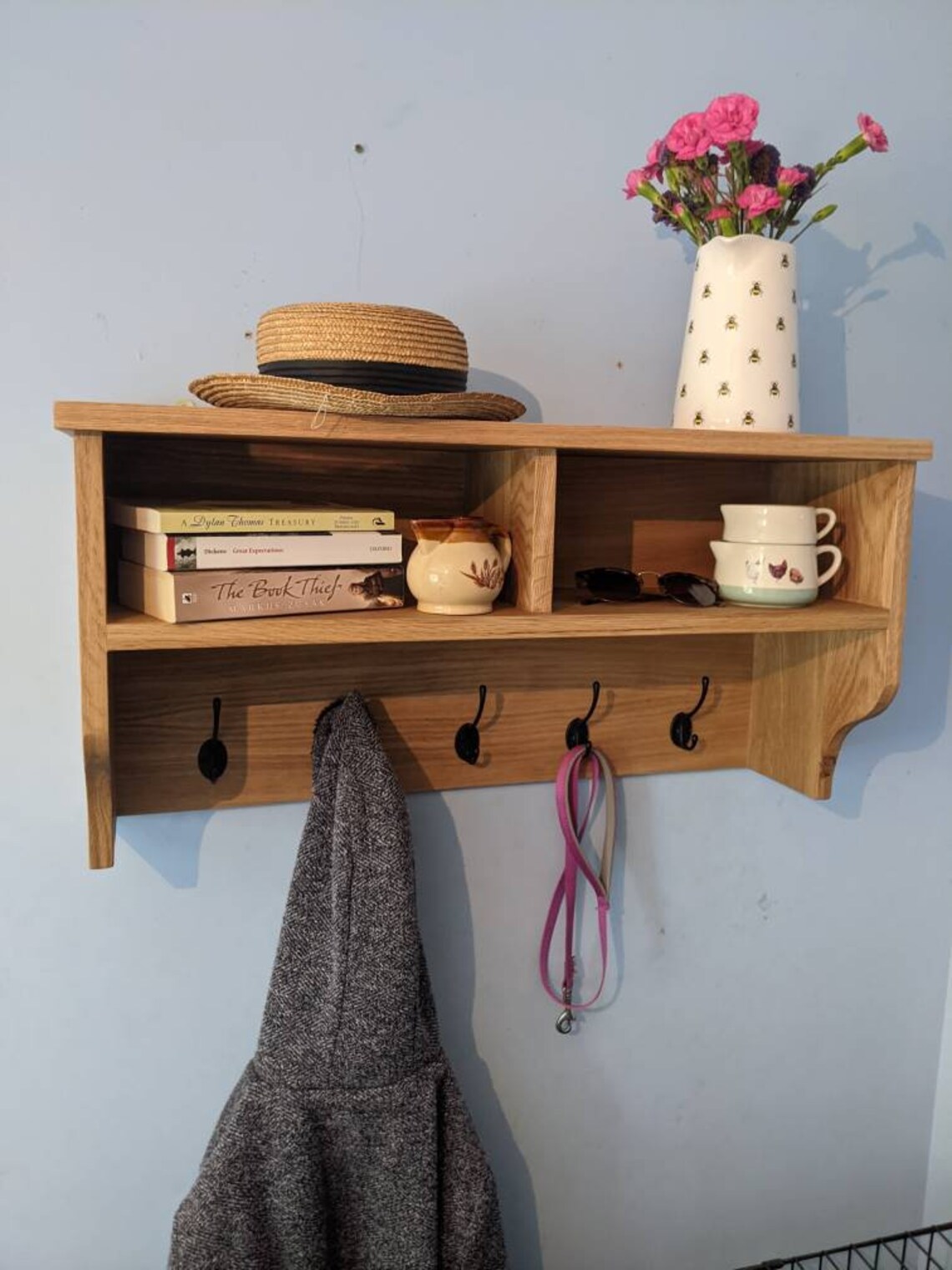 Solid oak coat rack with cubby shelves | Etsy