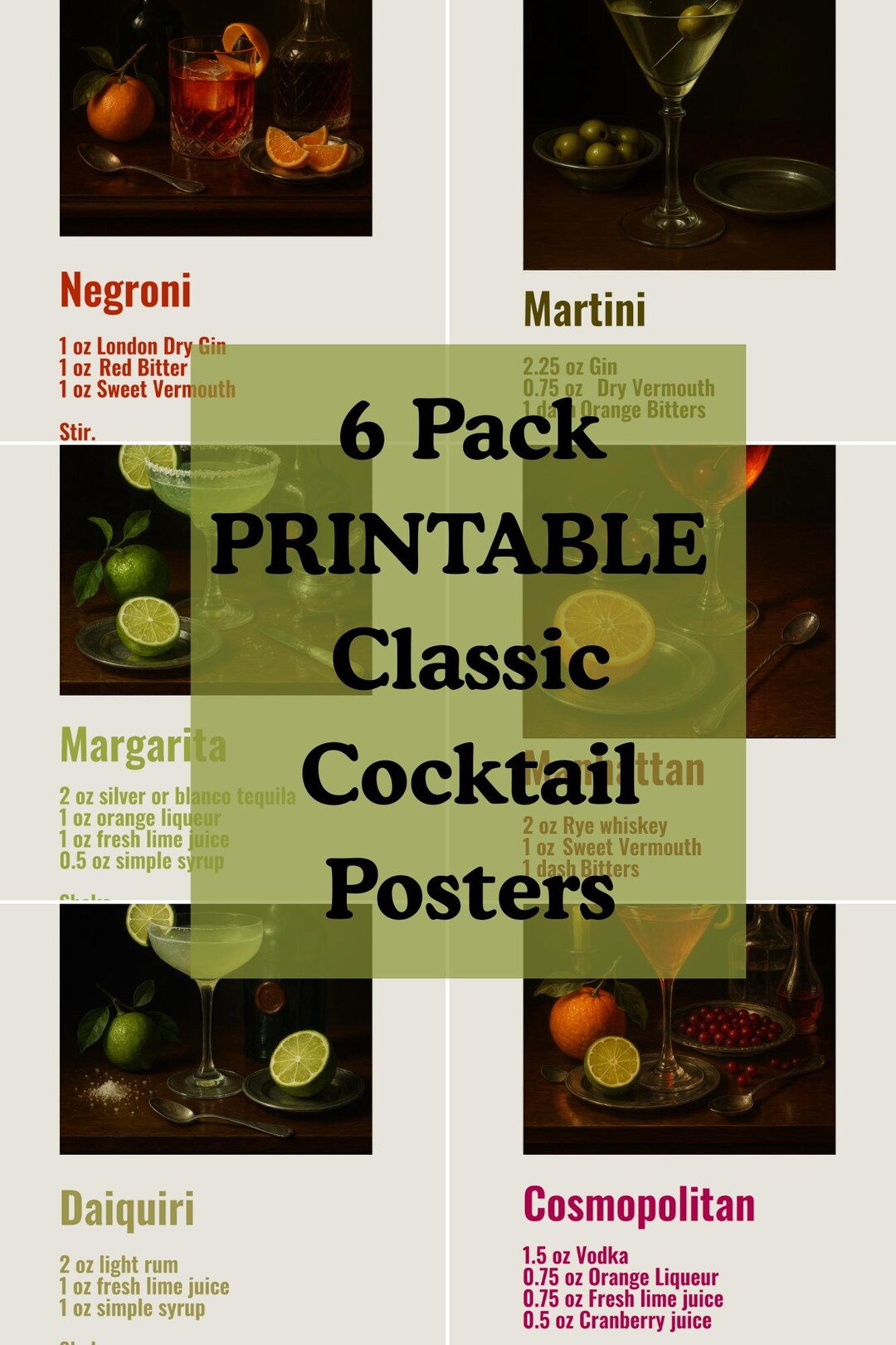 Classic Cocktail Poster Set of 6 – Digital Download Bar Decor ...