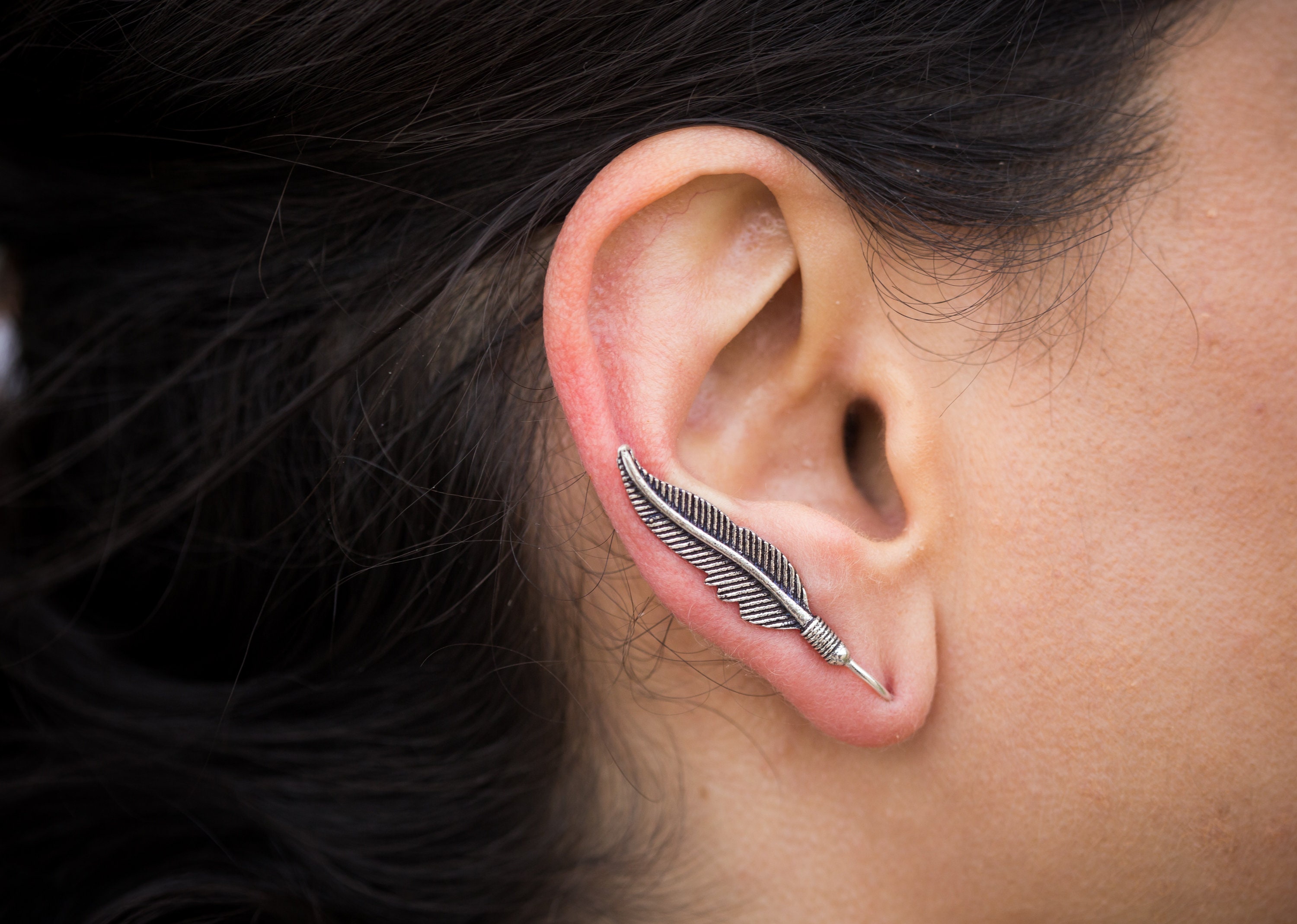 Silver Feather Earrings, Feather Ear Climber, Climber Earrings Silver ...