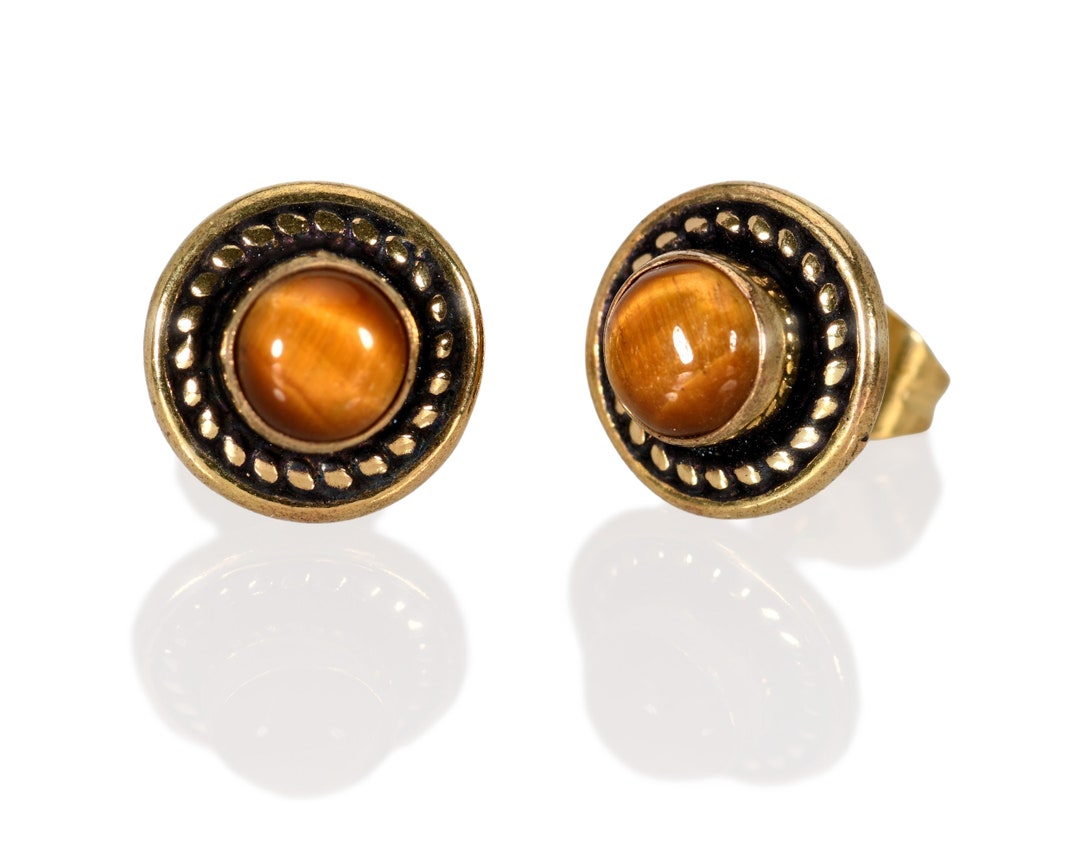 Tiger Eye Stud Earrings // Brass Earrings // Gemstone Earrings // Brass ...