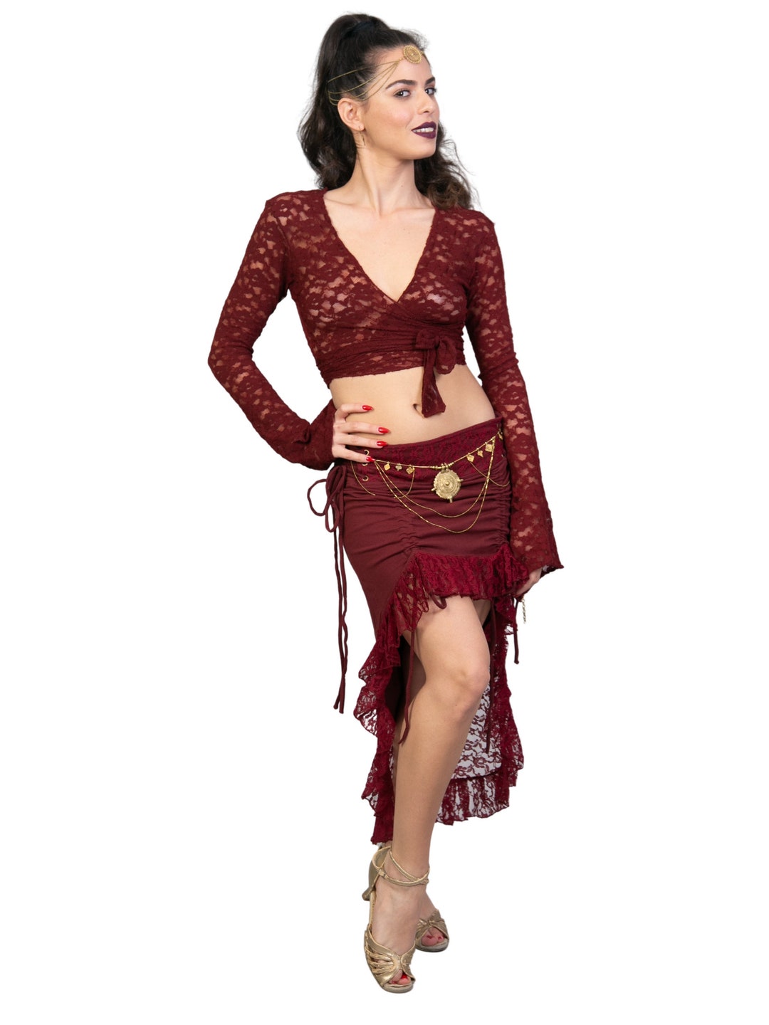 Red Lace Wrap Crop Top With Long Bell Sleeves for Women | Red Top and ...