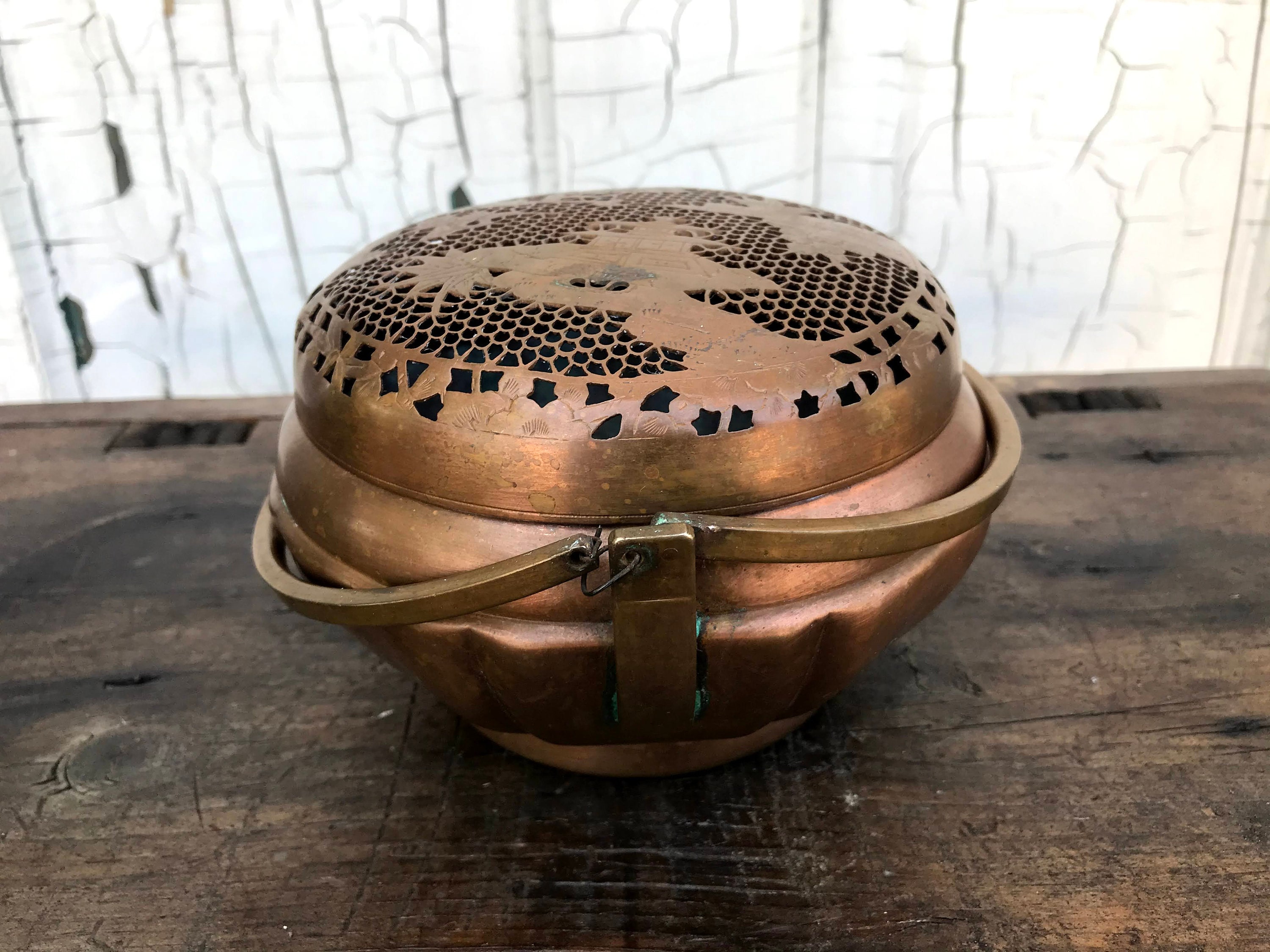 Antique Chinese Copper Hand Warmer, Double Handles Incense Burner ...