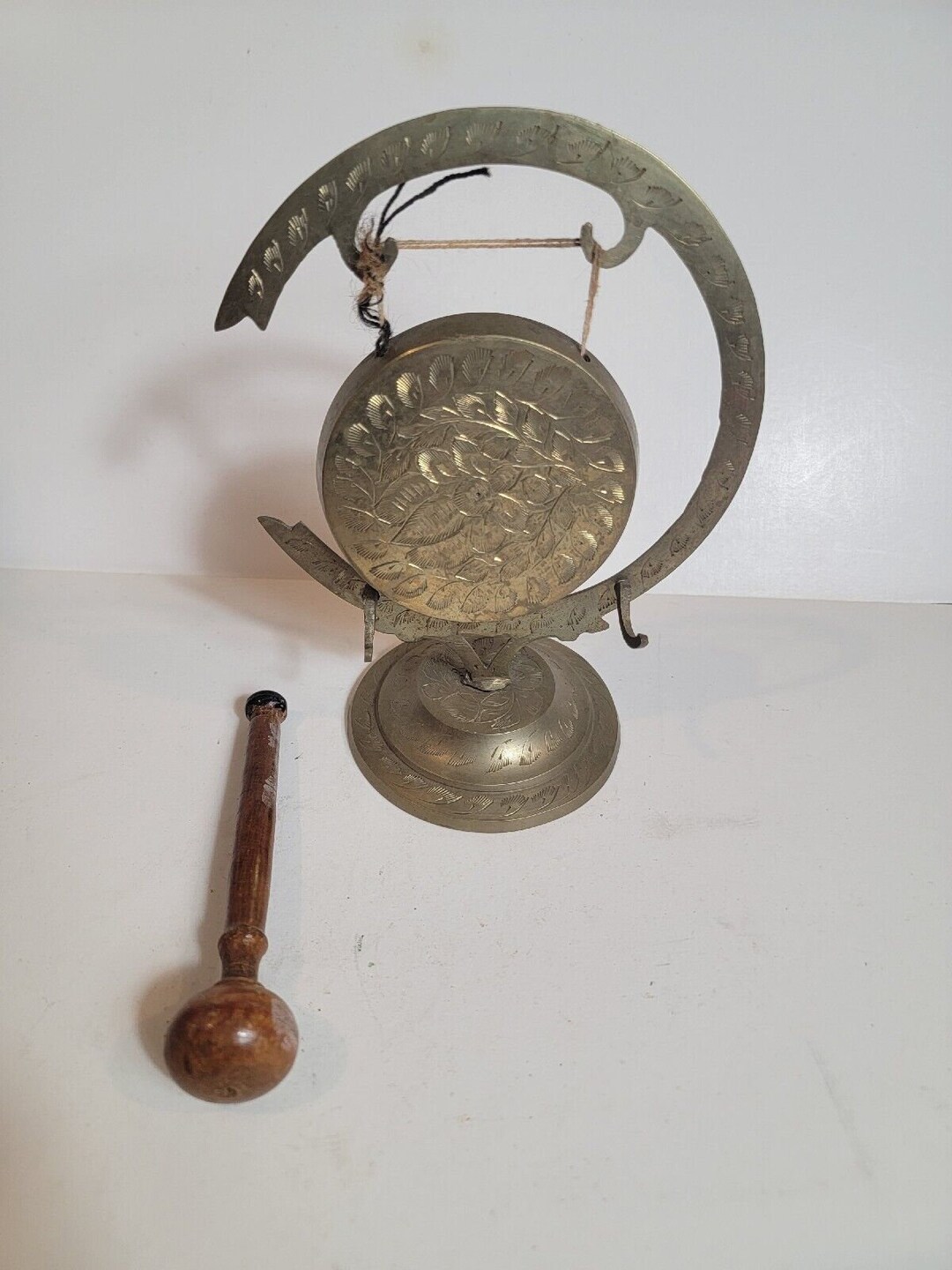 Vintage Solid Brass Indian Made Etched Antique Table Gong With Wooden ...
