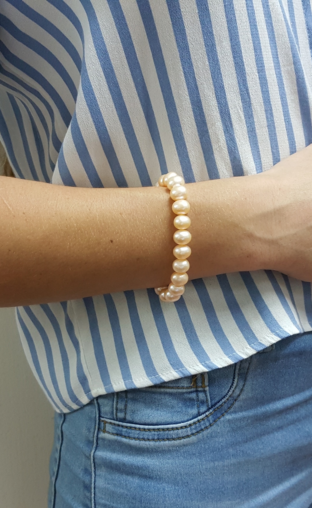 Handmade Orange Pearl Bracelet: Natural Freshwater Pearls, Elastic ...