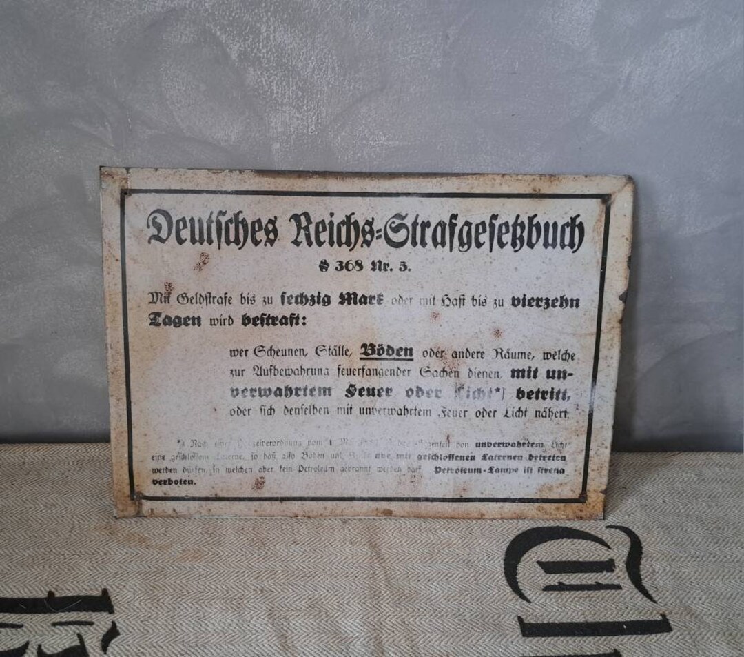 Antique Tin Sign German Empire Penal Code Art 368 Art Nouveau Shabby ...