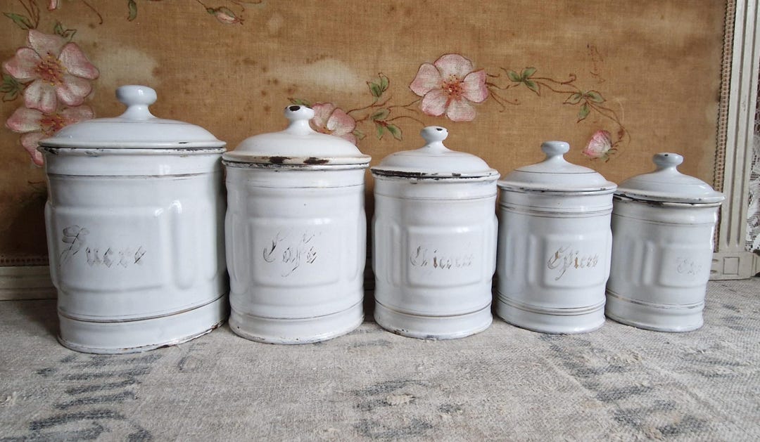 5 Antique Enamel Storage Jars With Inscription From France Shabby ...