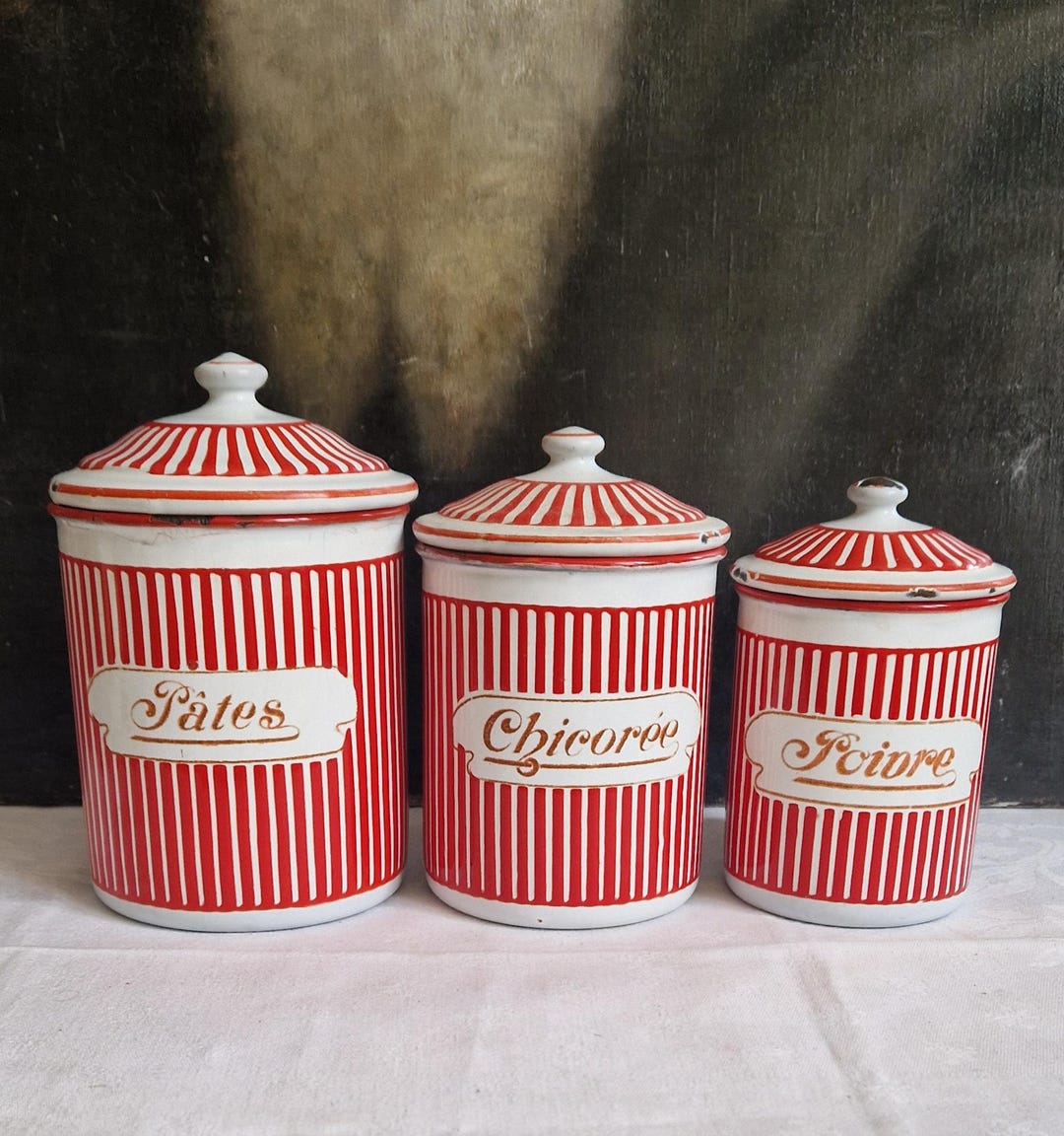 3 Antique Enamel Storage Jars With Inscription From France Shabby ...