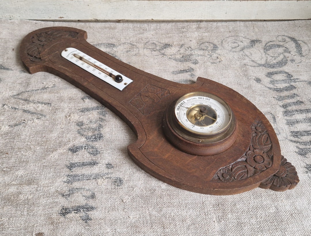 Antique Barometer Weather Station, Art Nouveau Wood, French Vintage ...