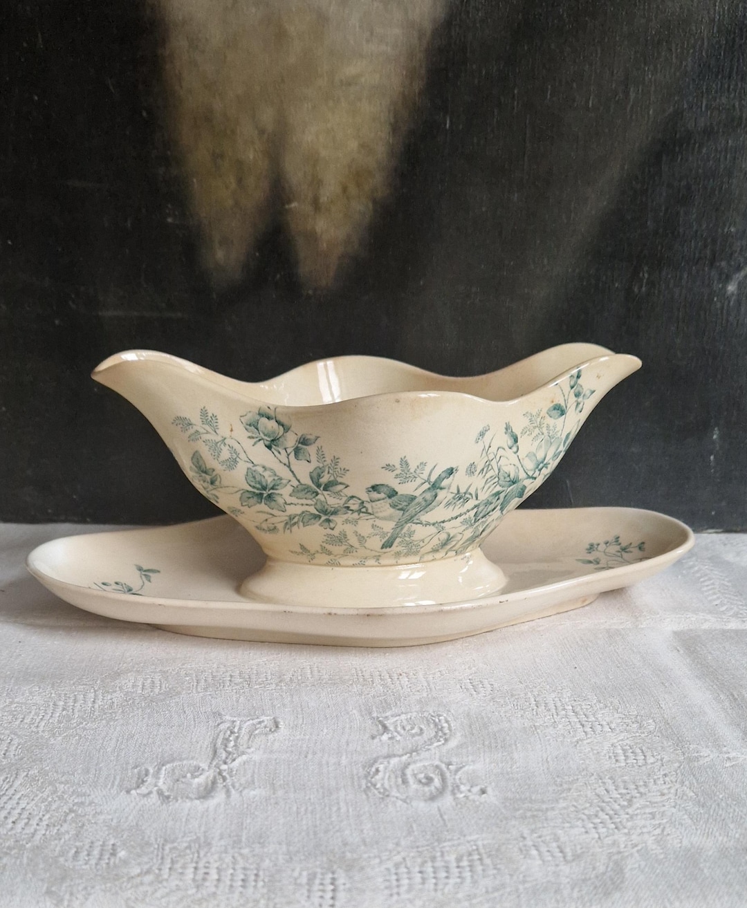 Antique Sauce Boat Longwy Mignon Terre De Fer France Shabby With Bird ...