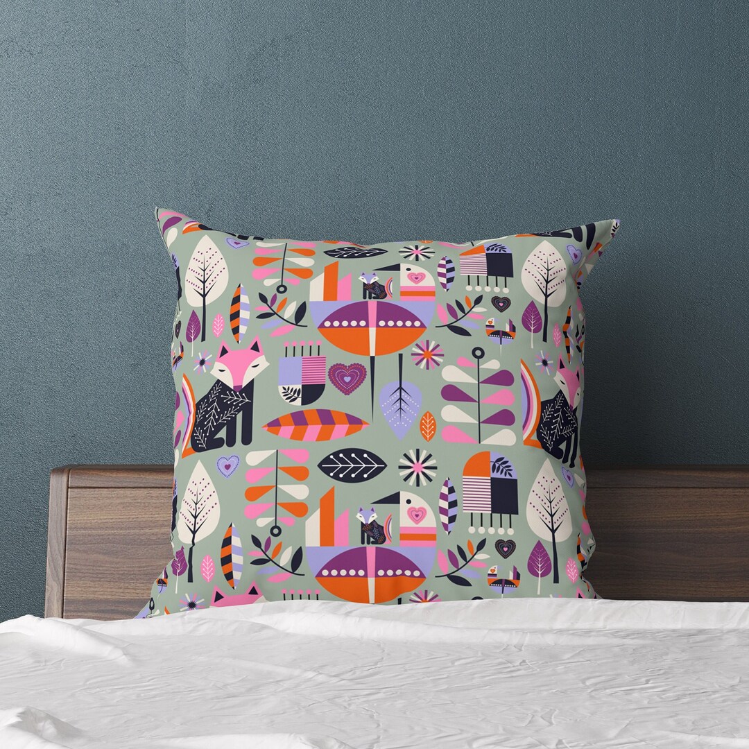 Folk Art Playful Pillowcase, Cute Fox Pattern Pillow Cover, Colorful ...