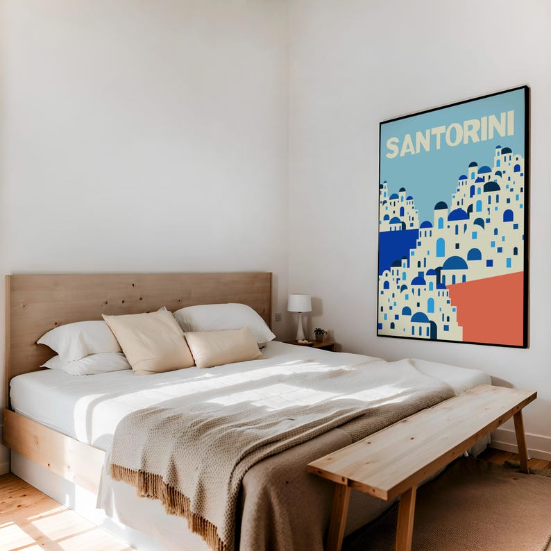 Santorini Travel Poster: Minimalist Coastal Print, Greece (digital ...