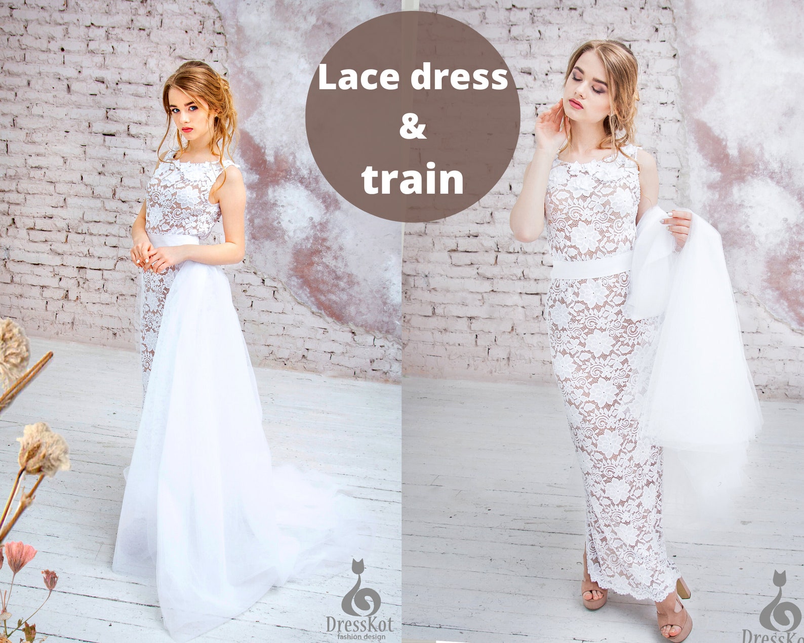 Lace Wedding Dress With Detachable Tulle Train, Lace Bridal Dress ...