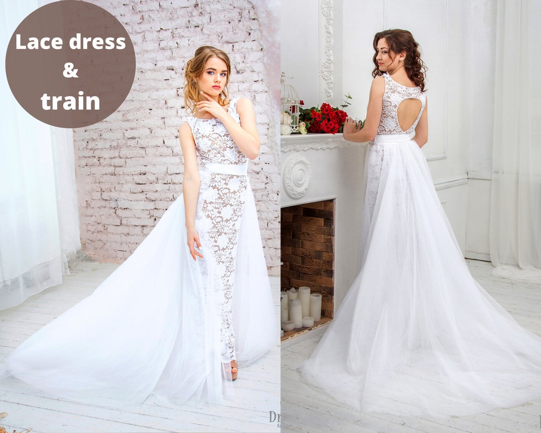 Lace Wedding Dress With Detachable Tulle Train, Lace Bridal Dress ...