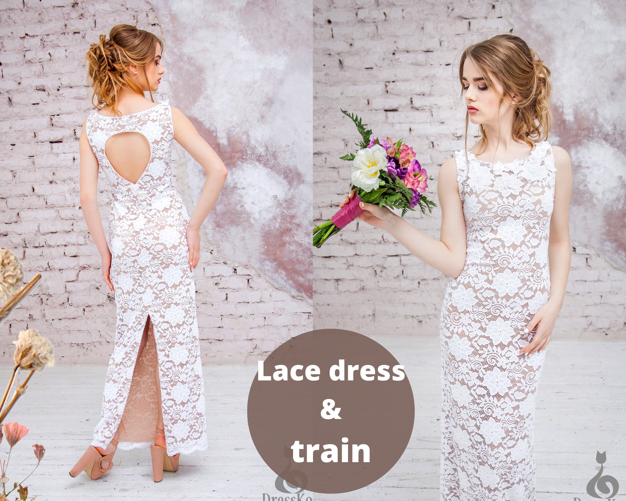 Lace Wedding Dress With Detachable Tulle Train, Lace Bridal Dress ...