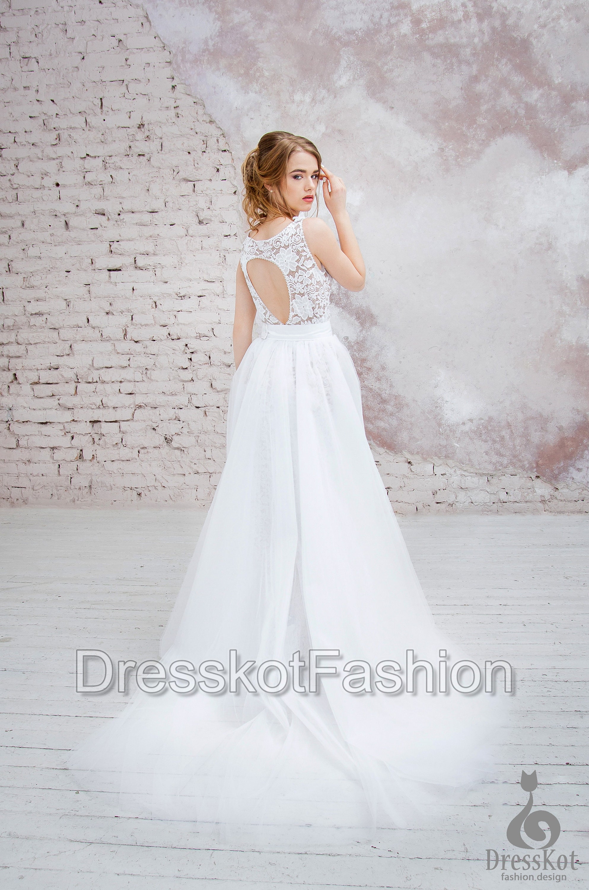 Lace Wedding Dress With Detachable Tulle Train Lace Bridal - Etsy