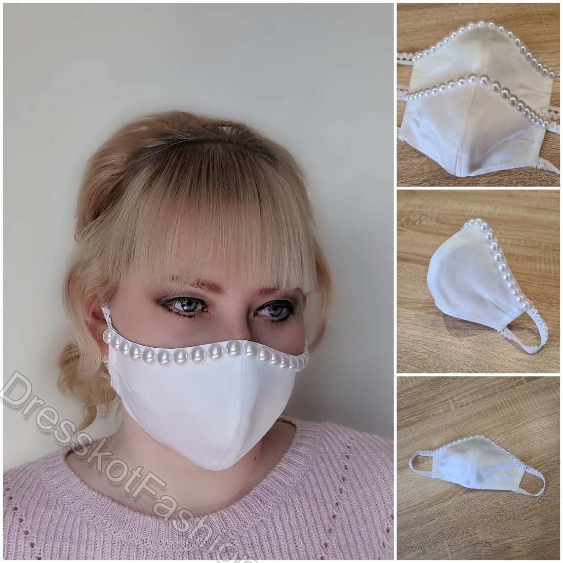Buy White Ivory Satin Wedding Face Mask Pearls Wedding Mask Online in ...