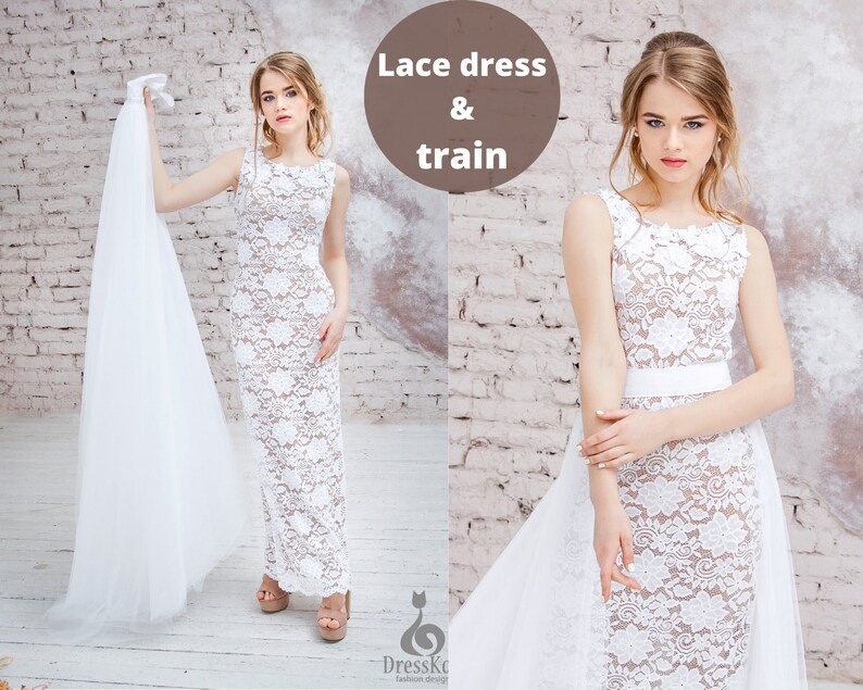 Lace Wedding Dress With Detachable Tulle Train, Lace Bridal Dress ...