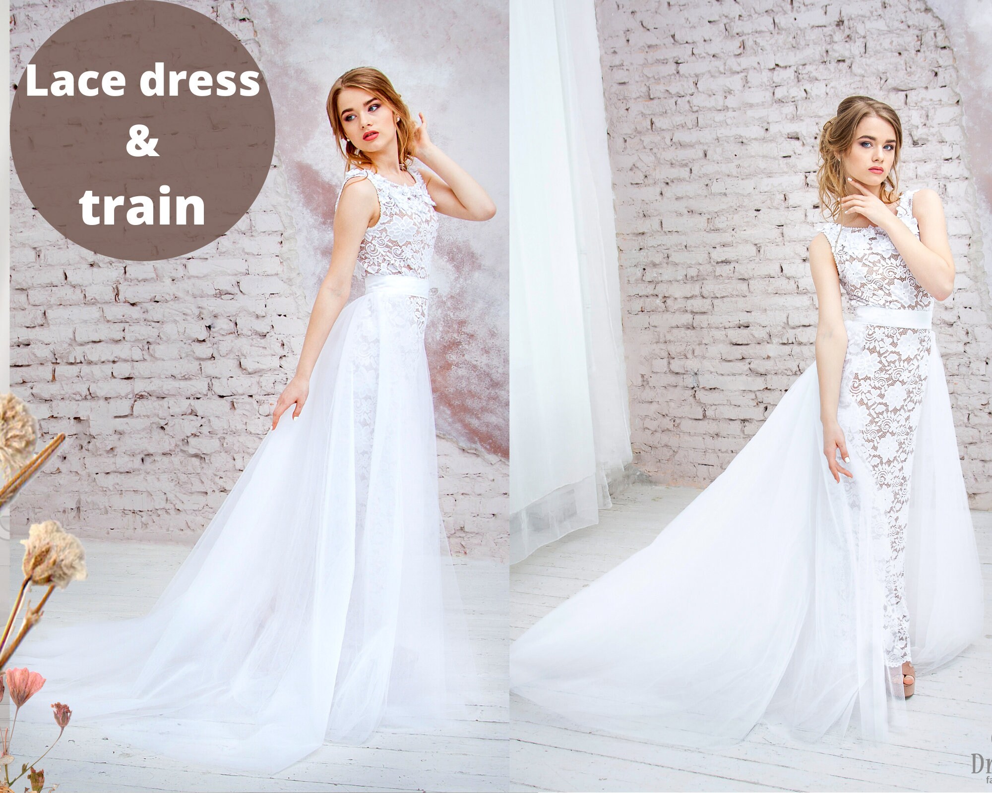 Lace Wedding Dress With Detachable Tulle Train Lace Bridal - Etsy