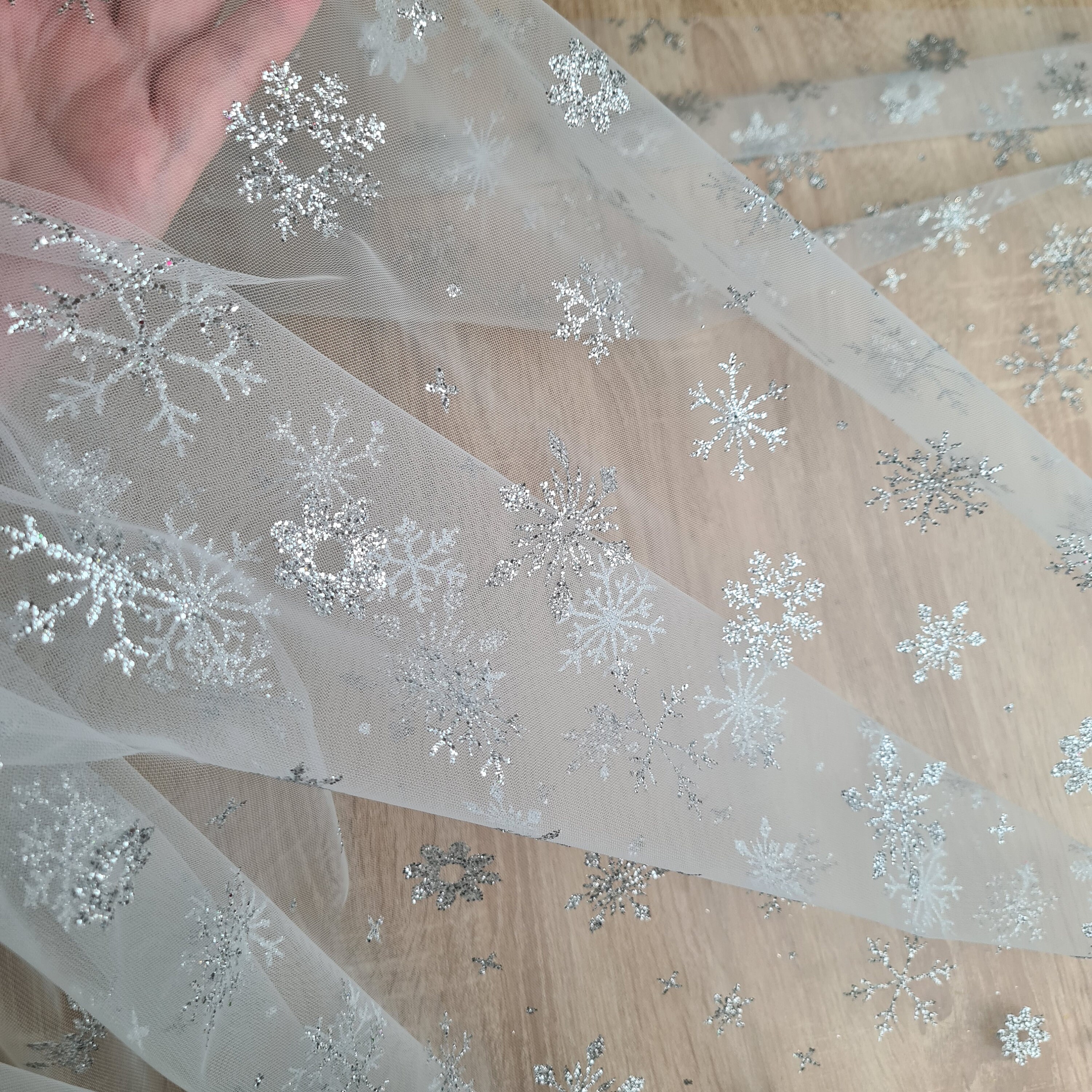 Blue, White Glitter Snowflake Tulle Fabric: Christmas Mesh, Veils ...