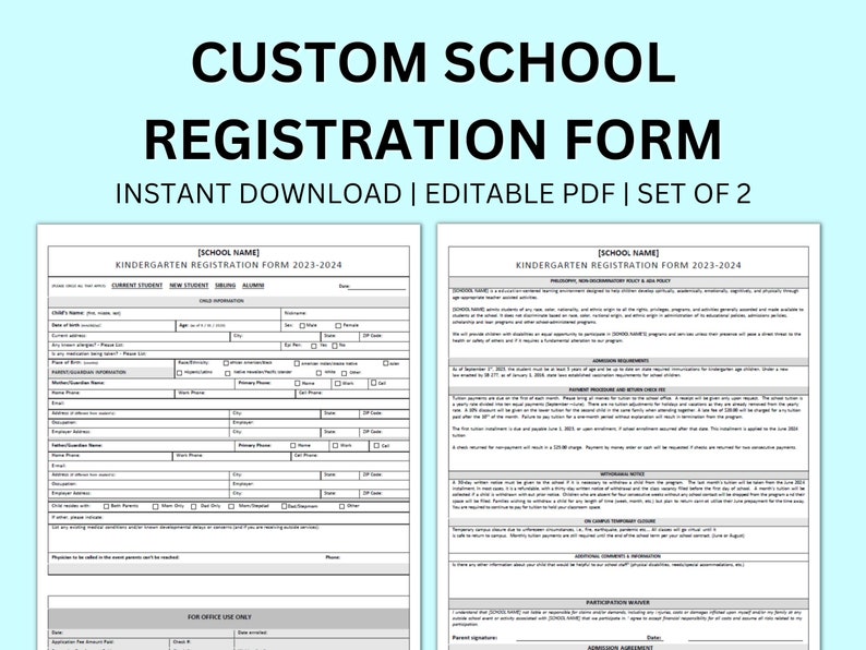 School Kindergarten Registration Form Template Instant Download Digital ...