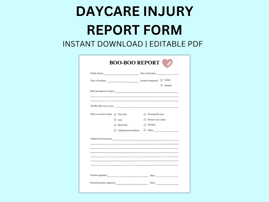 Custom Child Daycare Incident Report Boo Boo Form PDF Template, School ...
