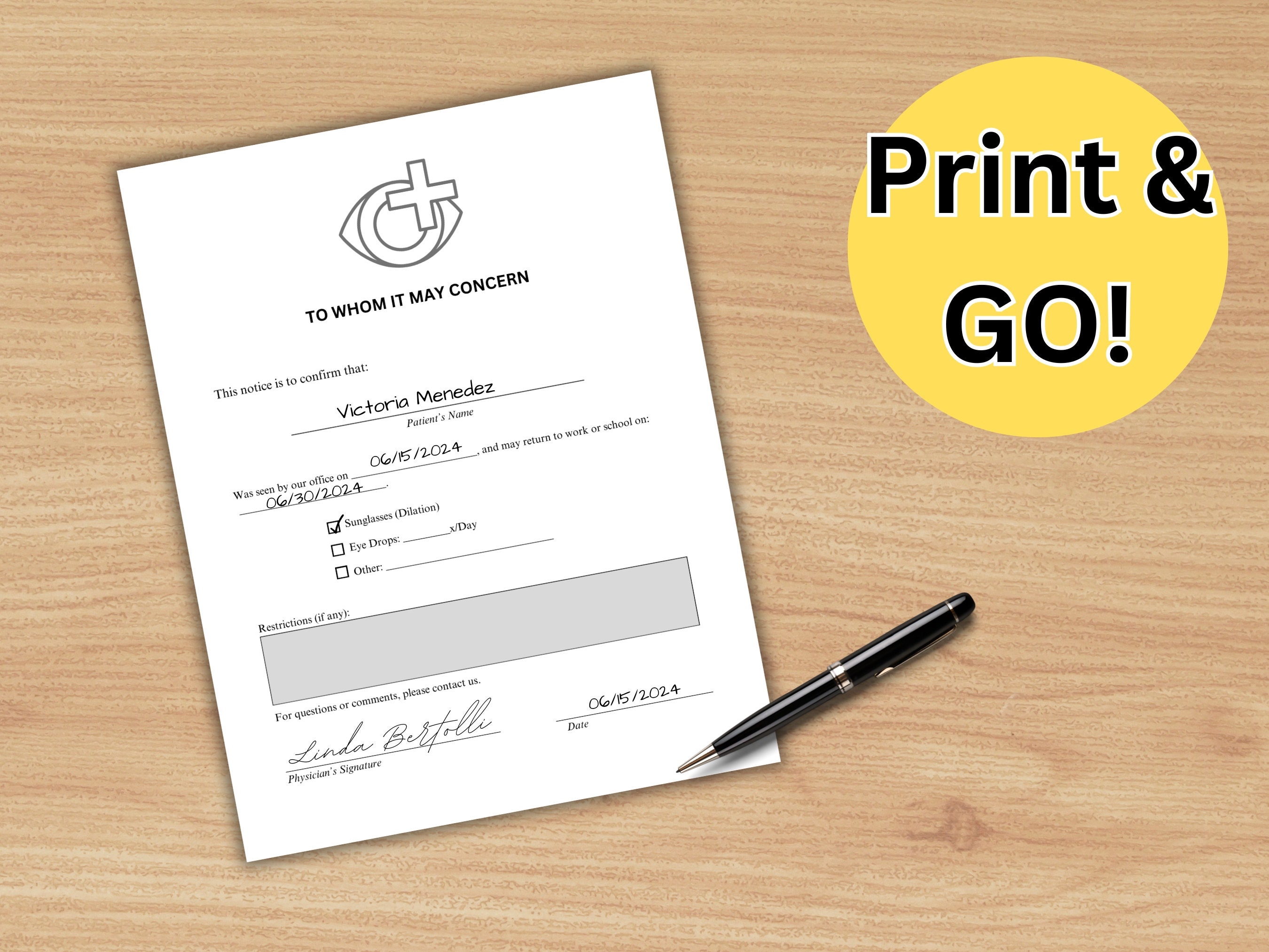 Eye Doctor Excuse Optometry Note for School PDF Template Eye Excuse ...