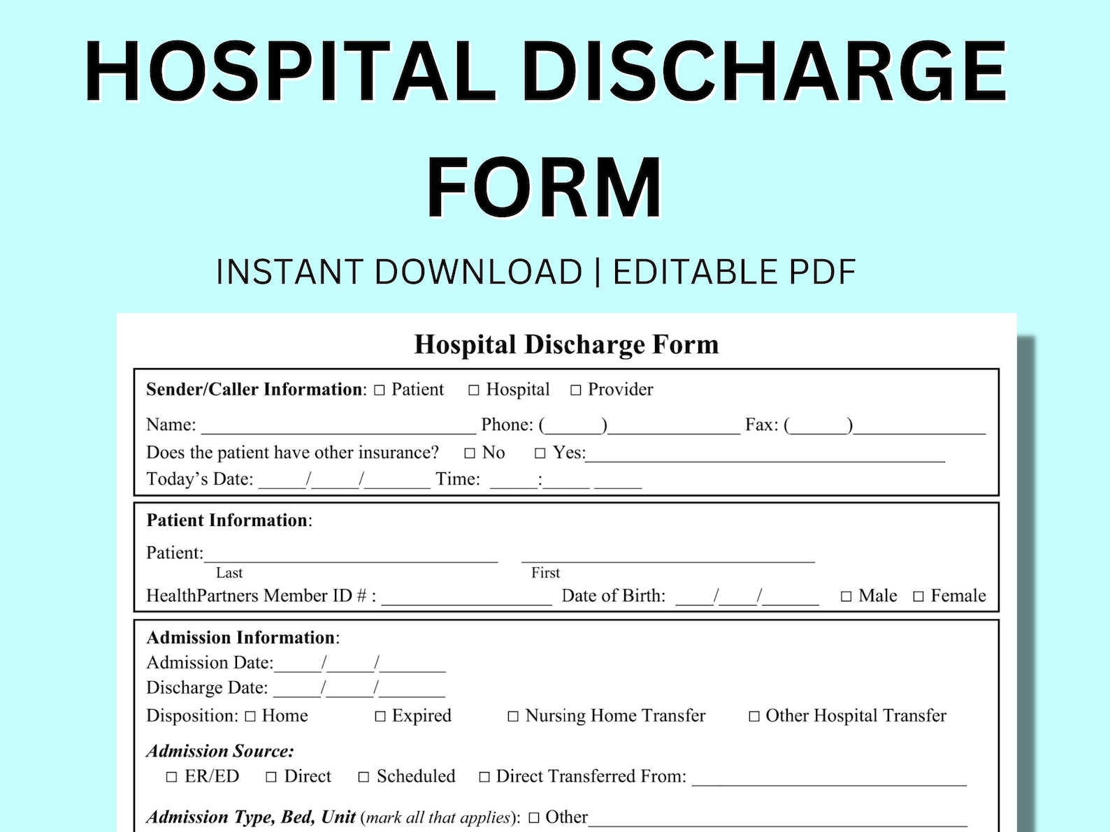 Hospital Discharge Patient Form Editable PDF Template for Medical ...