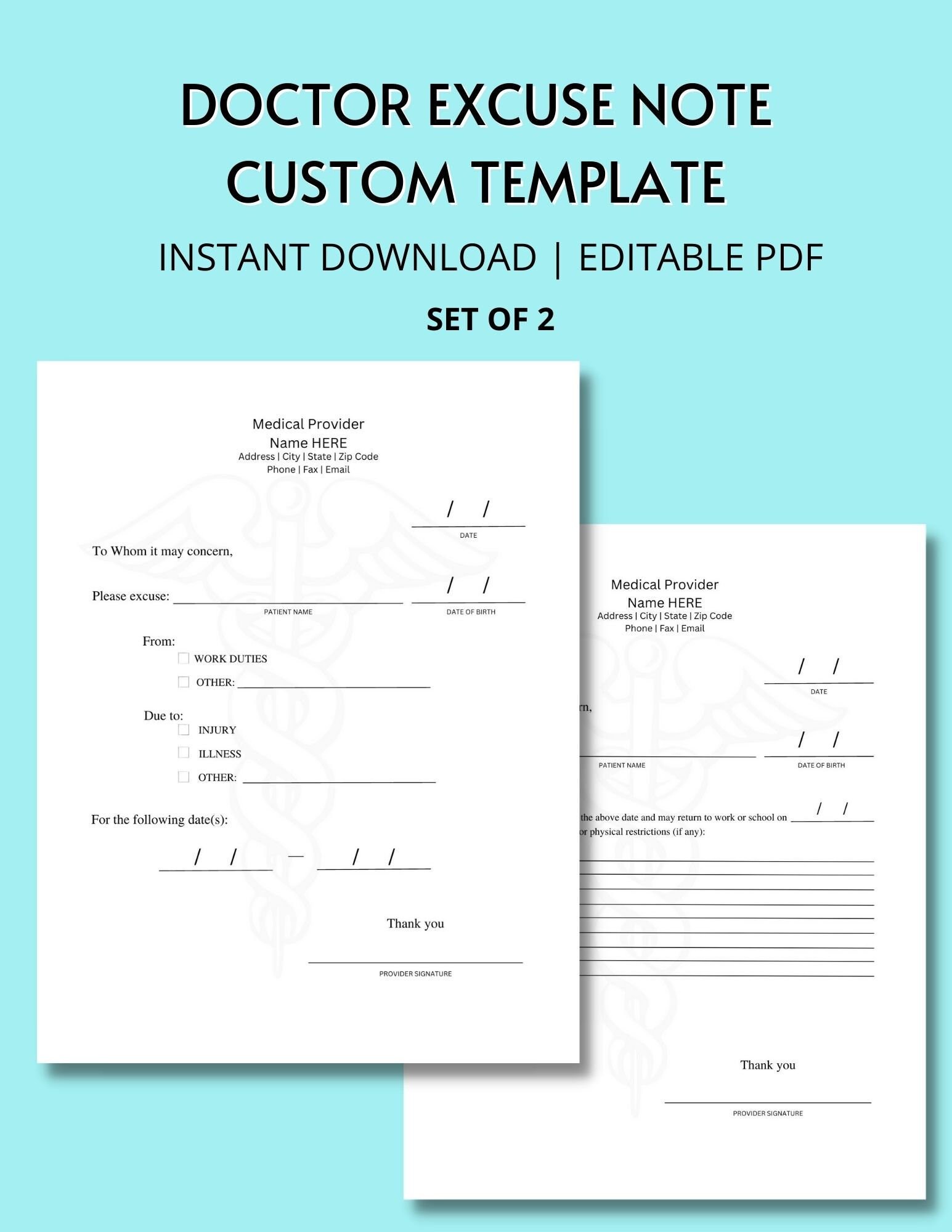 Doctor's Note Excuse PDF Template Set of 2 Dr Excuse Instant Download ...
