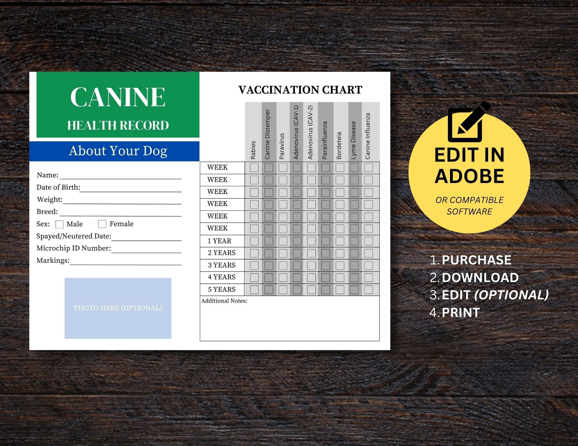 Printable Pet Record Litter Log Dog Puppy Cat Vaccination Chart Digital ...