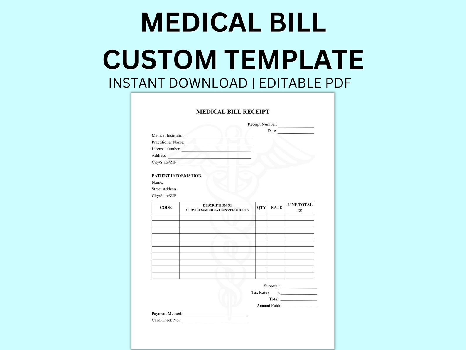 Custom Doctor's Medical Bill Receipt Invoice PDF Template, Doctor's ...