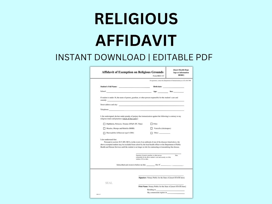 Custom Religious Exemption Affidavit Doctor's Note Excuse PDF Template ...