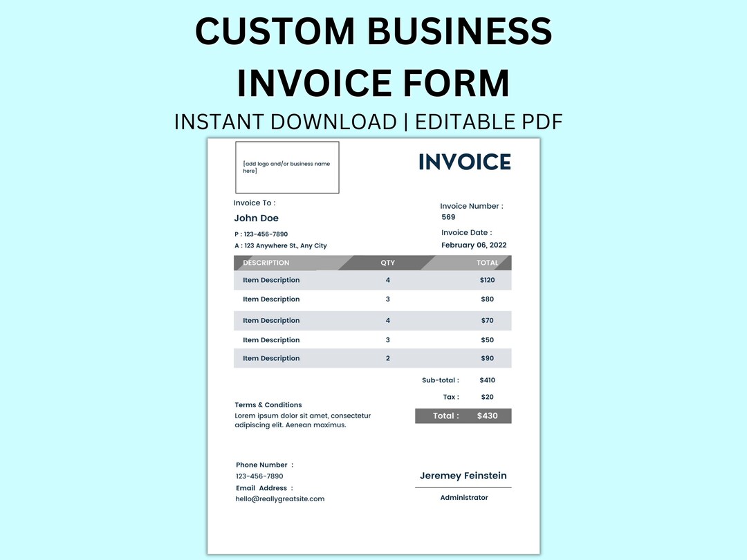 Invoice Template Editable PDF Instant Digital Download, Custom ...