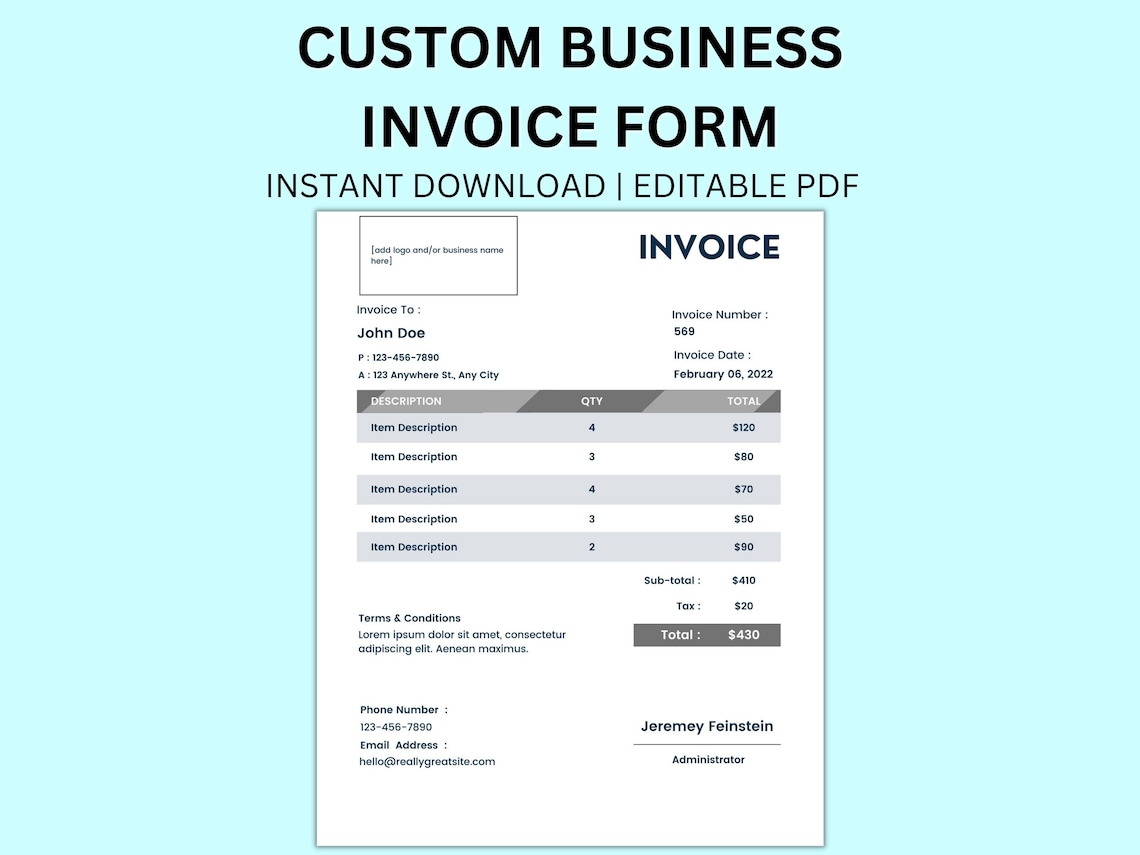 Invoice Template Editable PDF Instant Digital Download, Custom ...