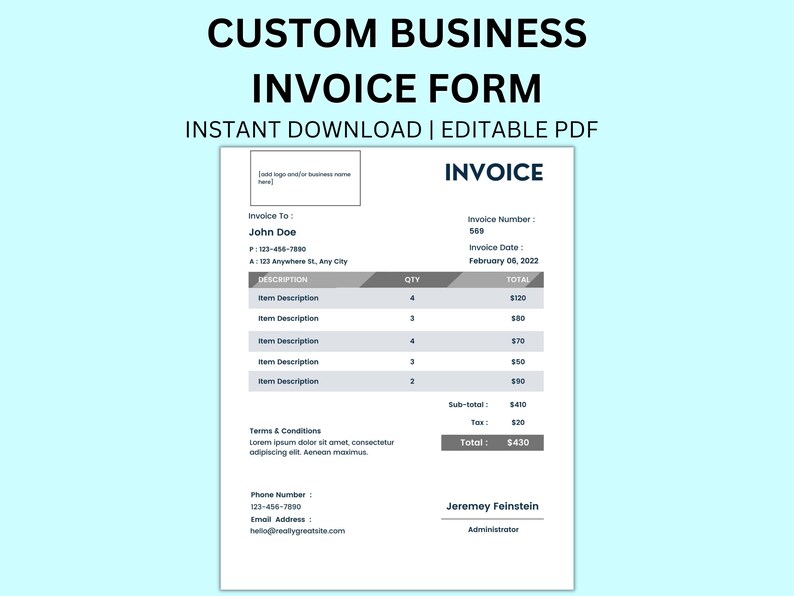 Invoice Template Editable PDF Instant Digital Download, Custom ...