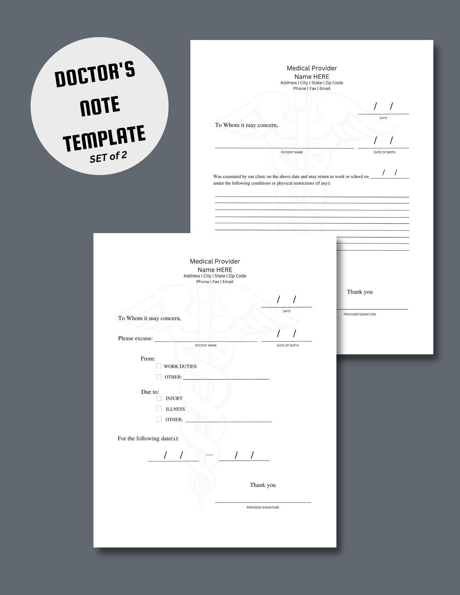 Doctor's Note Excuse PDF Template Set of 2 Dr Excuse Instant Download ...