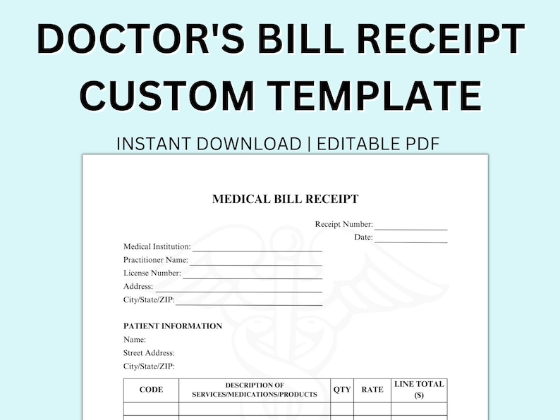Custom Doctor's Medical Bill Receipt Invoice PDF Template, Doctor's ...