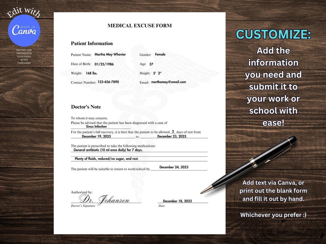 Medical Absence Authorization Printable Template Fake Doctor's Excuse ...