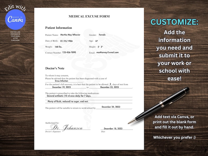 Medical Absence Authorization Printable Template Fake Doctor's Excuse ...